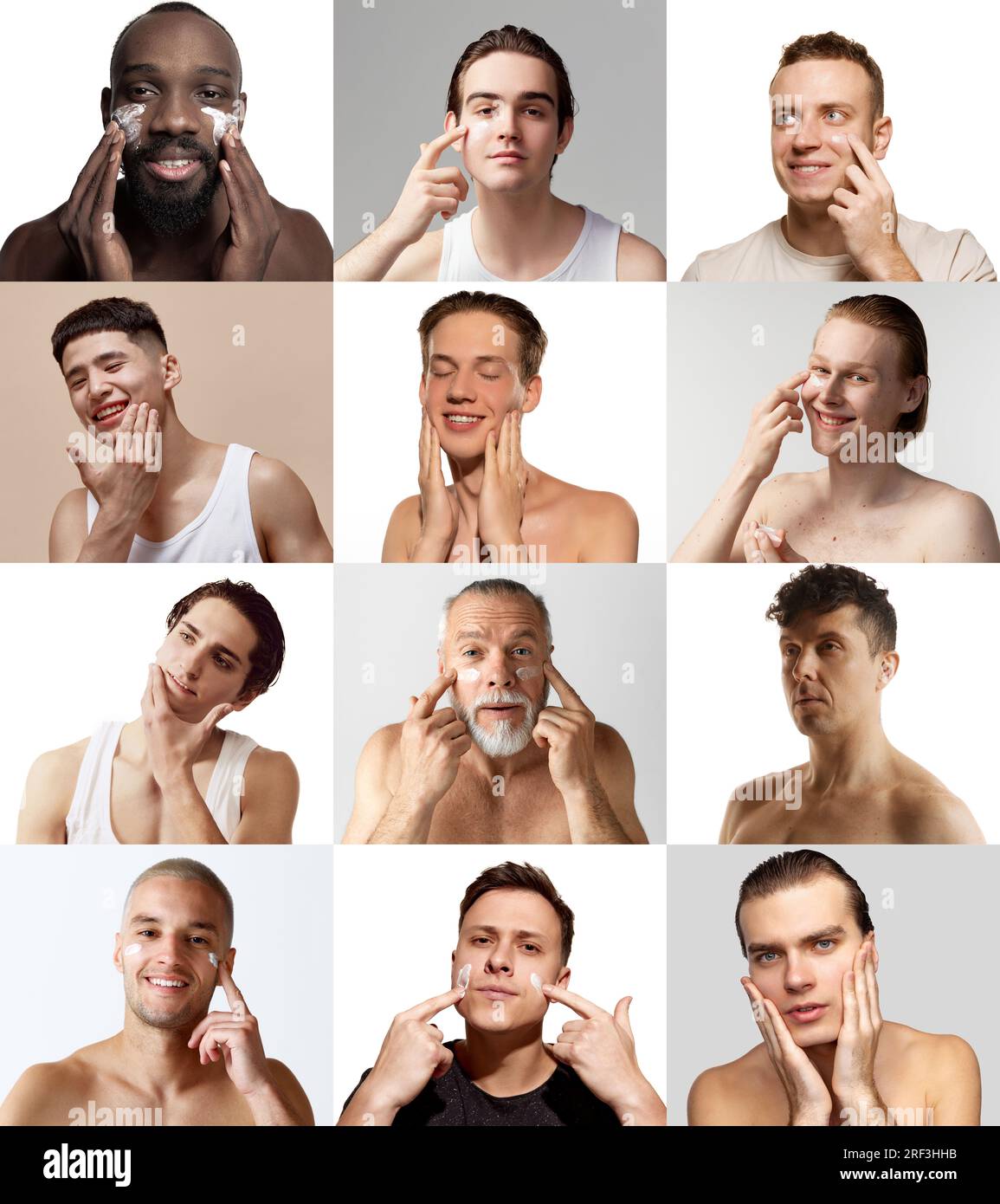 Collage. Men of different age and nationality taking care after skin ...