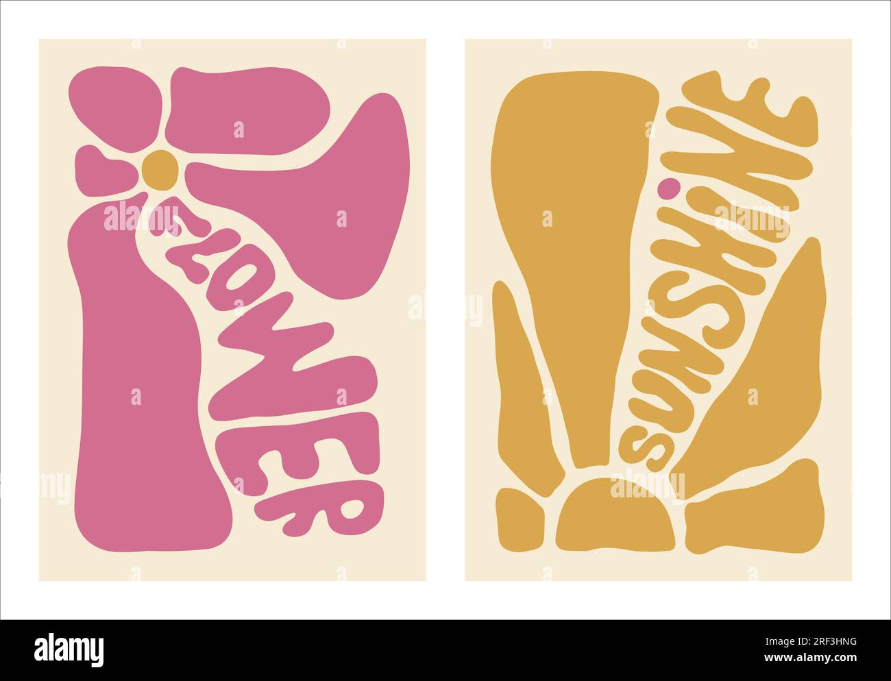 Naive Doodle Curve Aestethic Poster Set with Lettering in Yellow, Pink ...