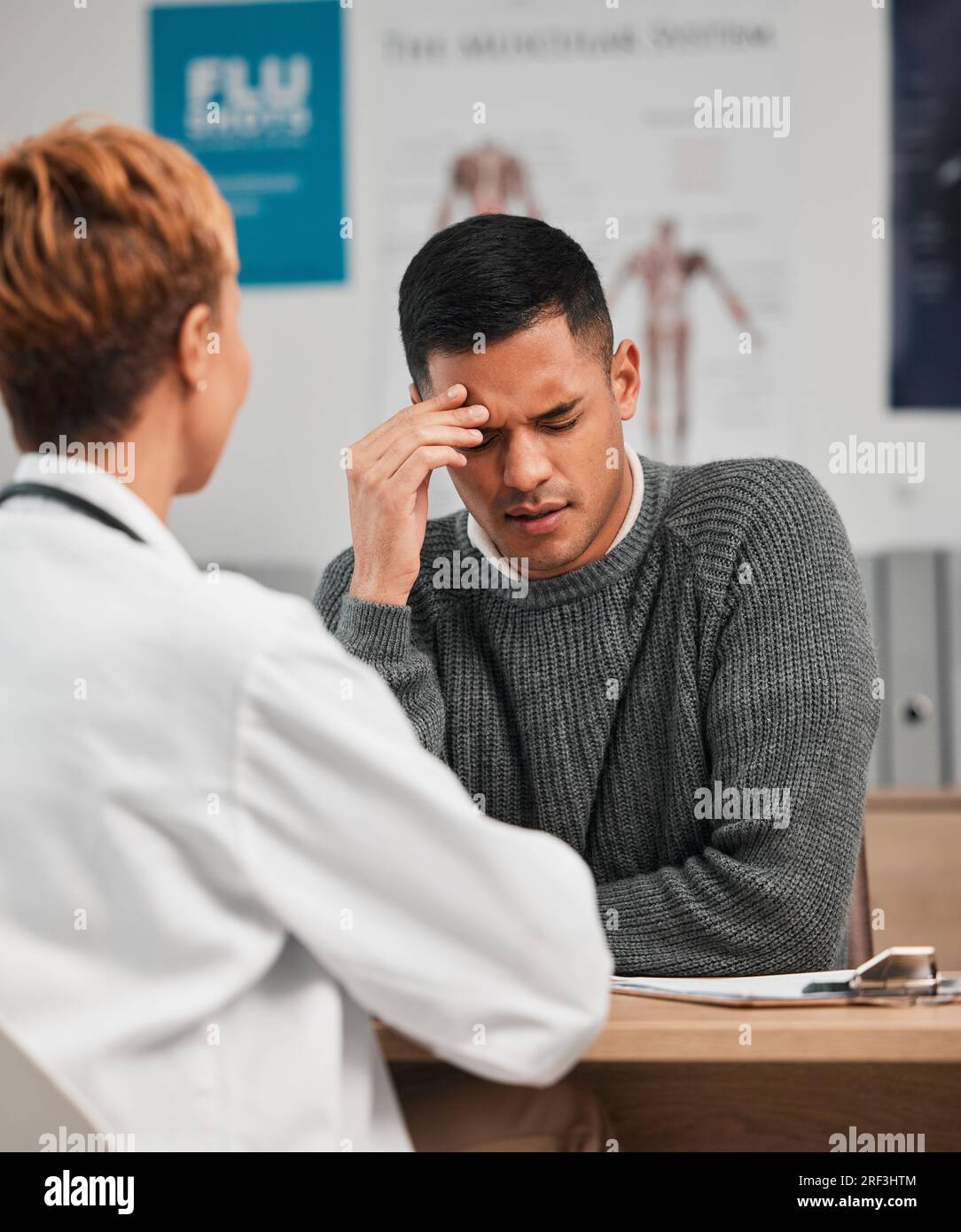 Pain, headache and doctor with patient in consultation, exam or test in ...