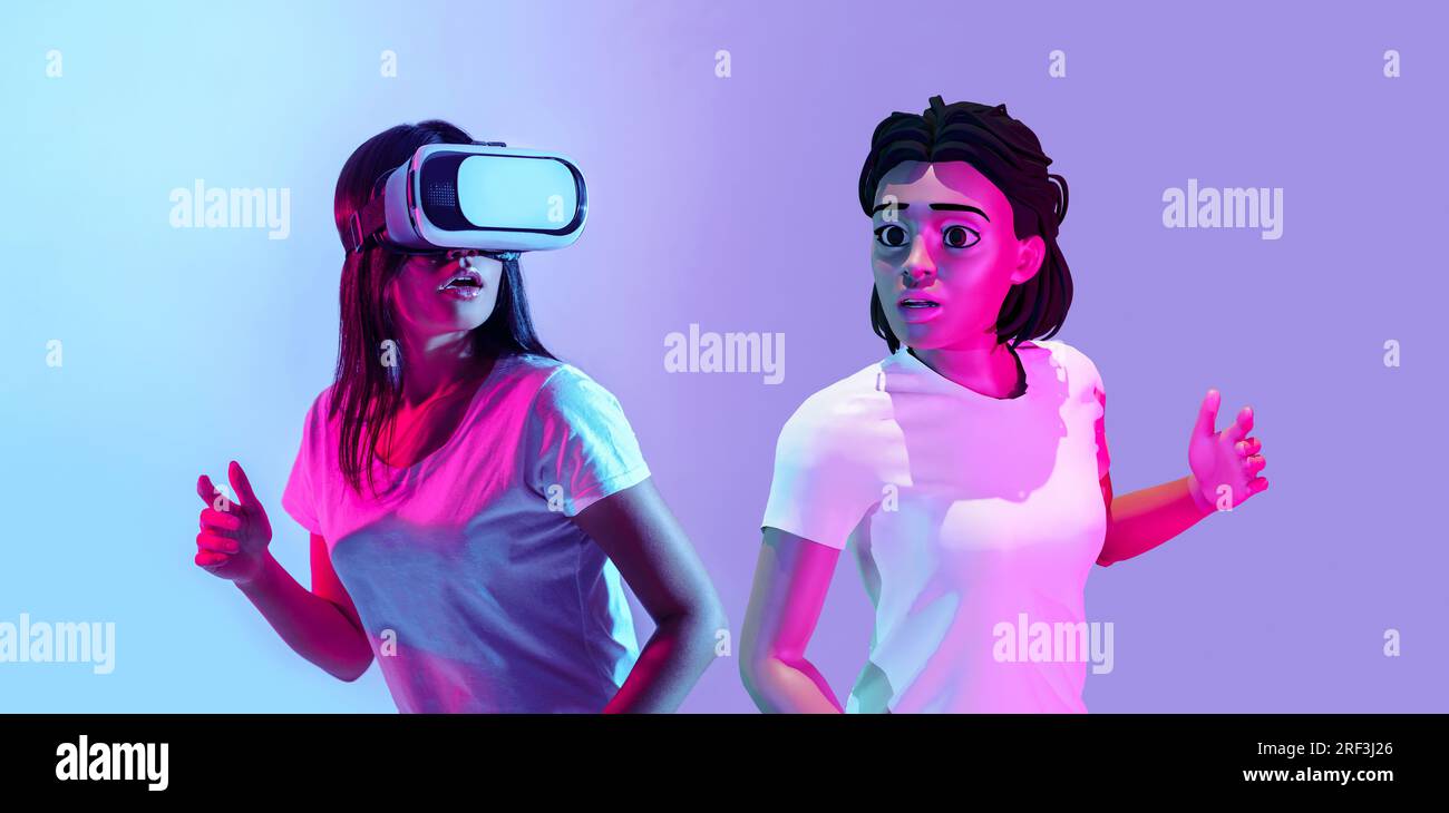 Woman Engaging with 3D Avatar in Metaverse Playing Game, Collage Stock ...