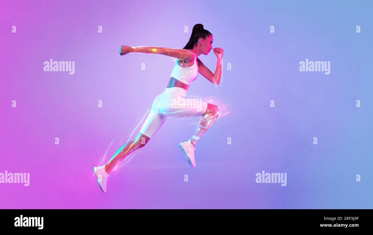 Sporty Lady Running In Mid Air Over Pink Neon Background Stock Photo ...