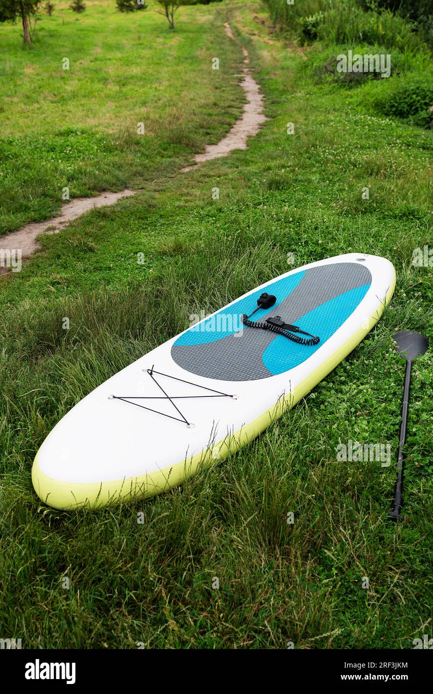 A bright surfboard lies on the green grass. Surf gear after or before ...
