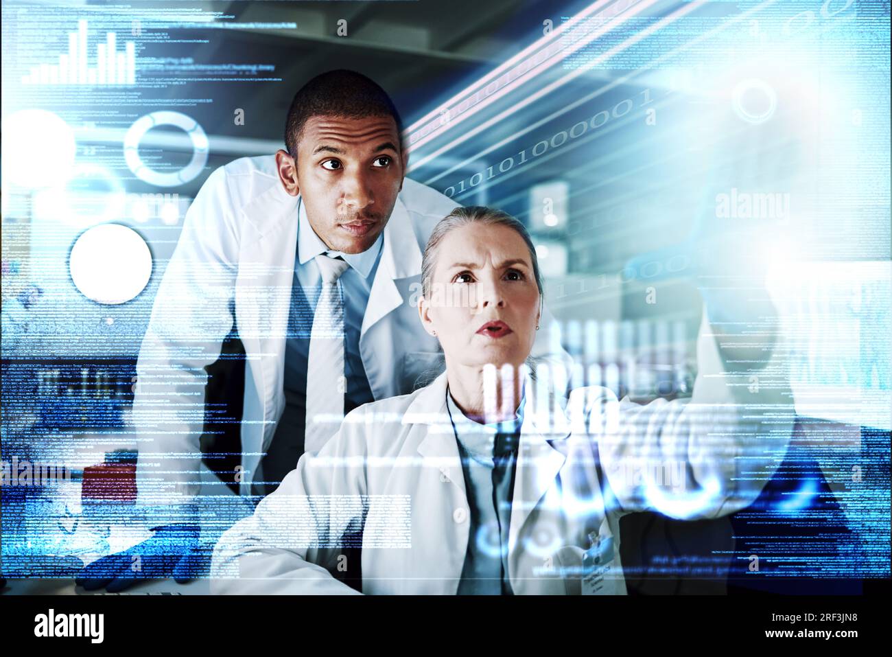 Medical science, man and woman in overlay of data hologram, information ...