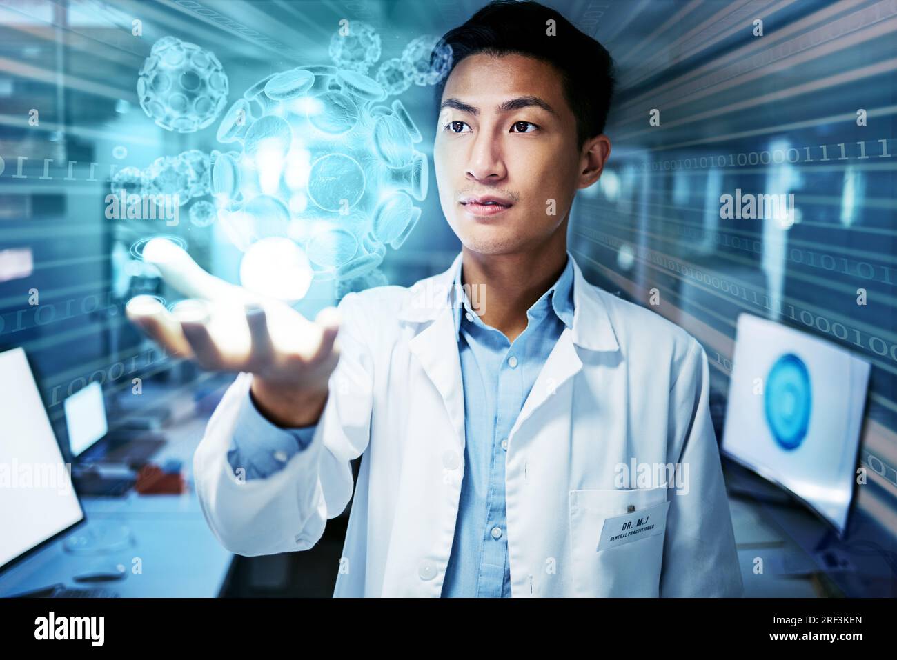 Scientist, future technology and medical research overlay with hologram ...