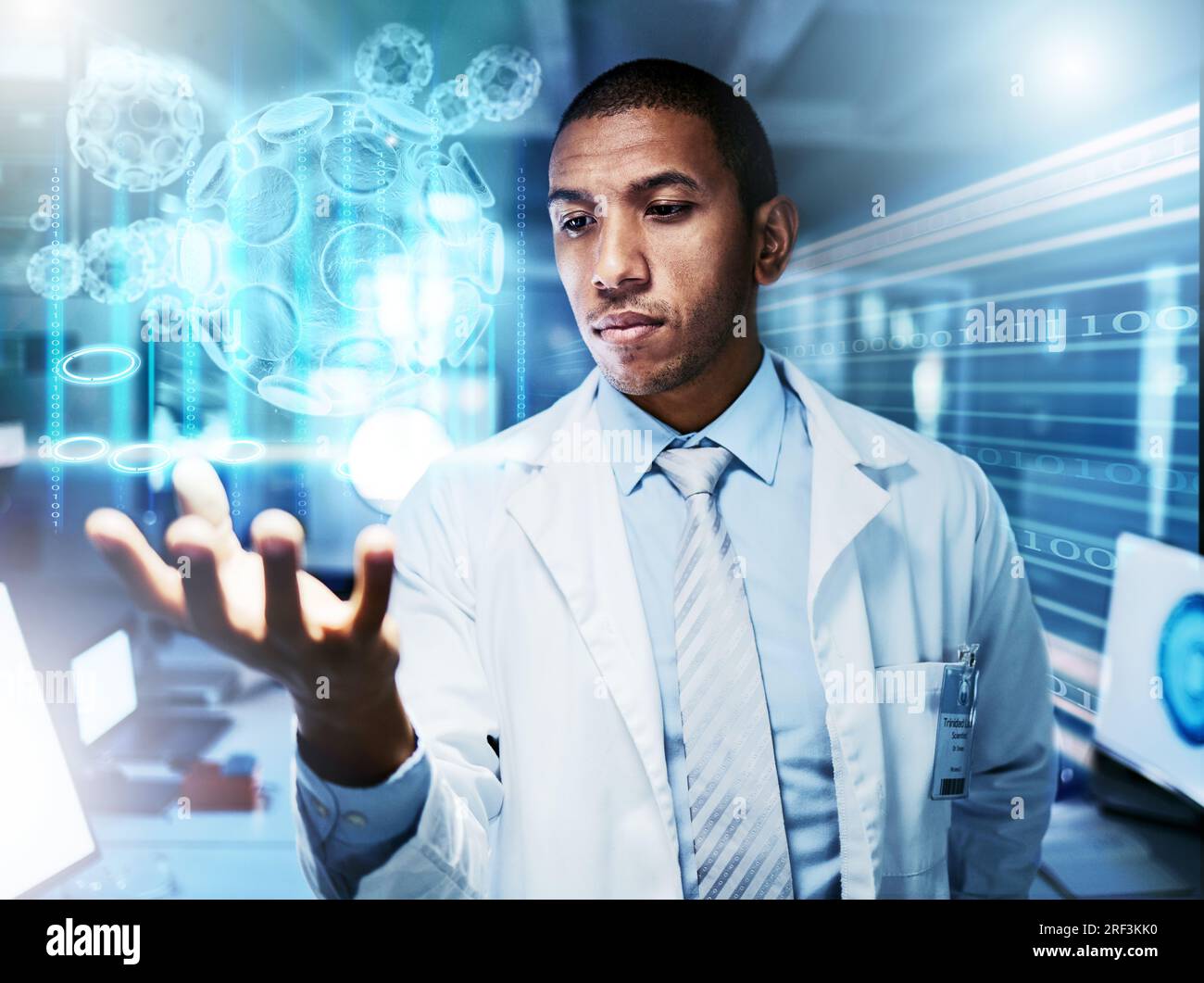 Man, future technology and medical research overlay with hologram ...