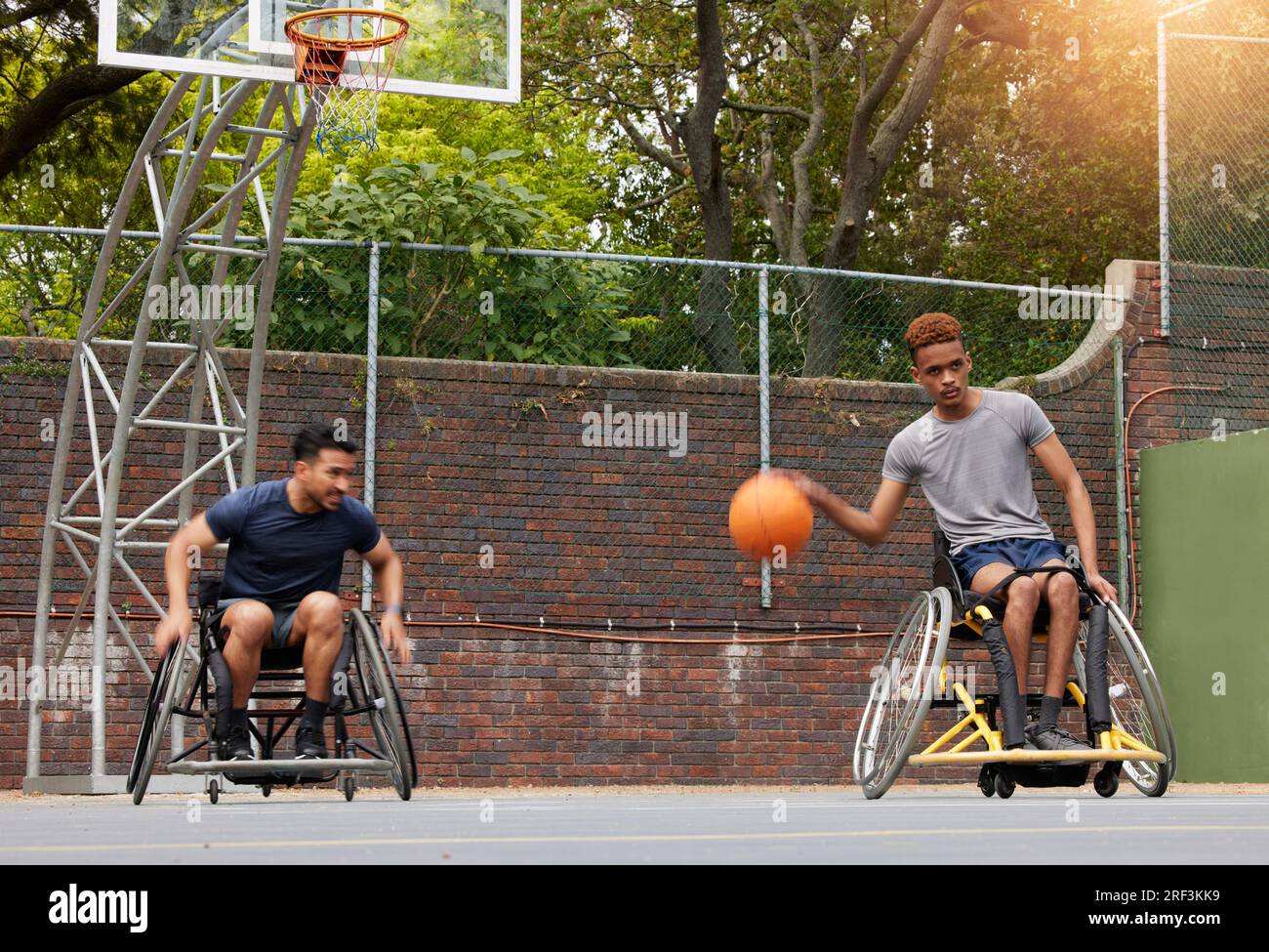 Sports, basketball court and men in wheelchair for training, exercise ...
