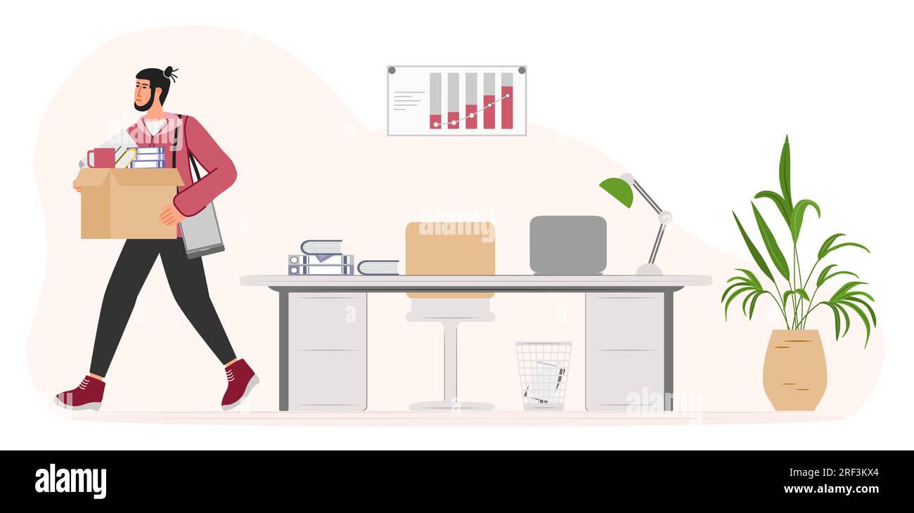 Dismissed employee holding belongings box. Unemployment, crisis ...