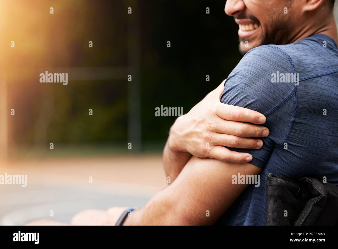 Fitness, closeup or man with shoulder pain, injury or exercise and ...