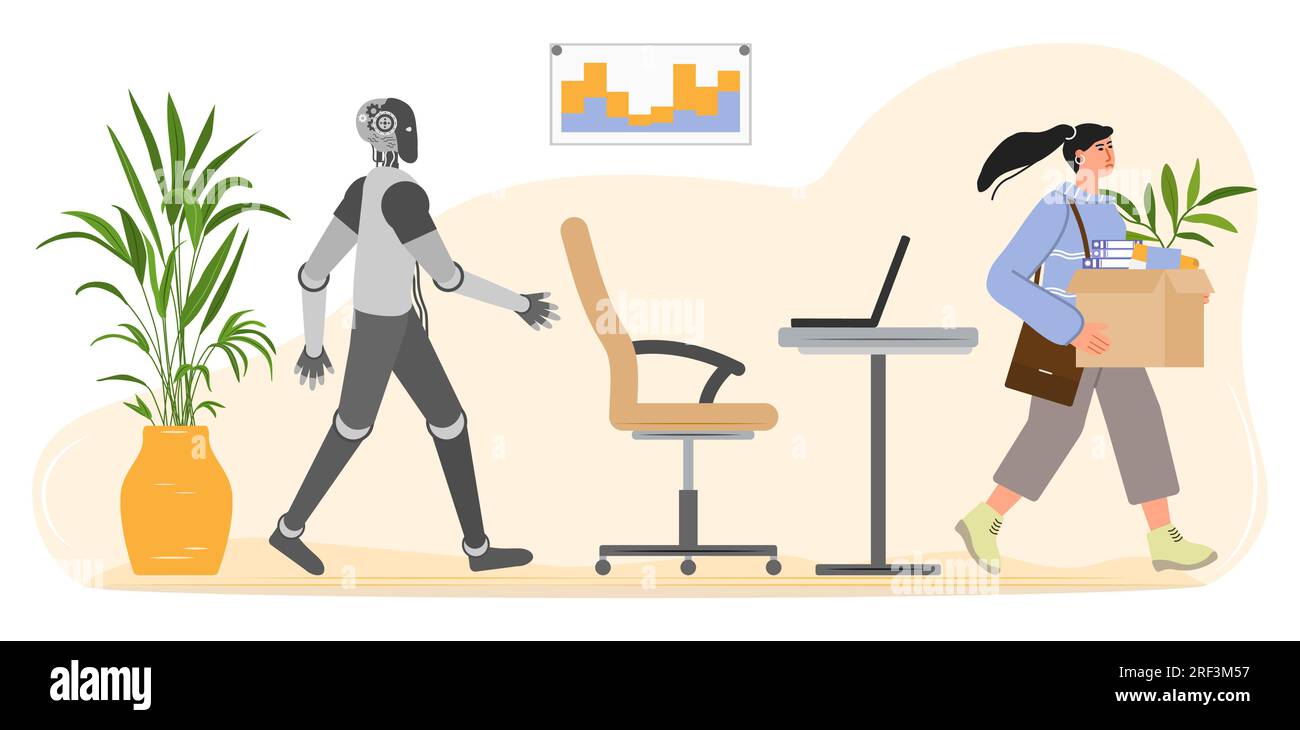 Smart AI robot took workplace, sad fired girl hold box. Unemployment ...