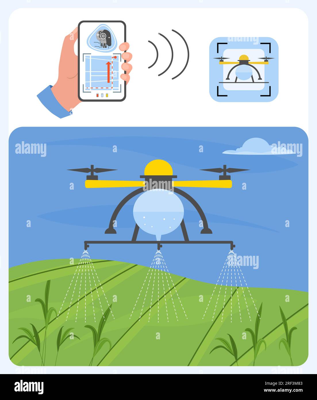 Person controls agricultural drone fly to spray fertilizer water or ...