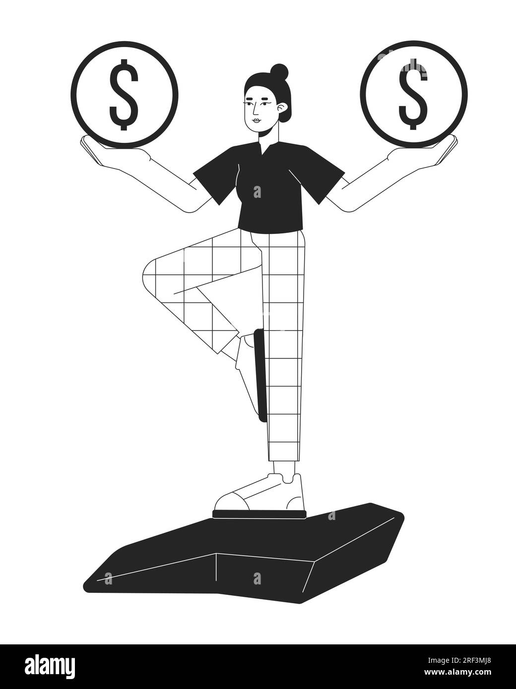 Woman balancing with coins on hands flat line black white vector ...