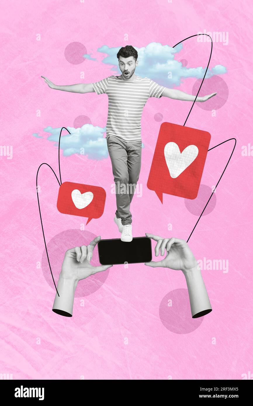 Full body photo collage of young man dangerous scared of high ...