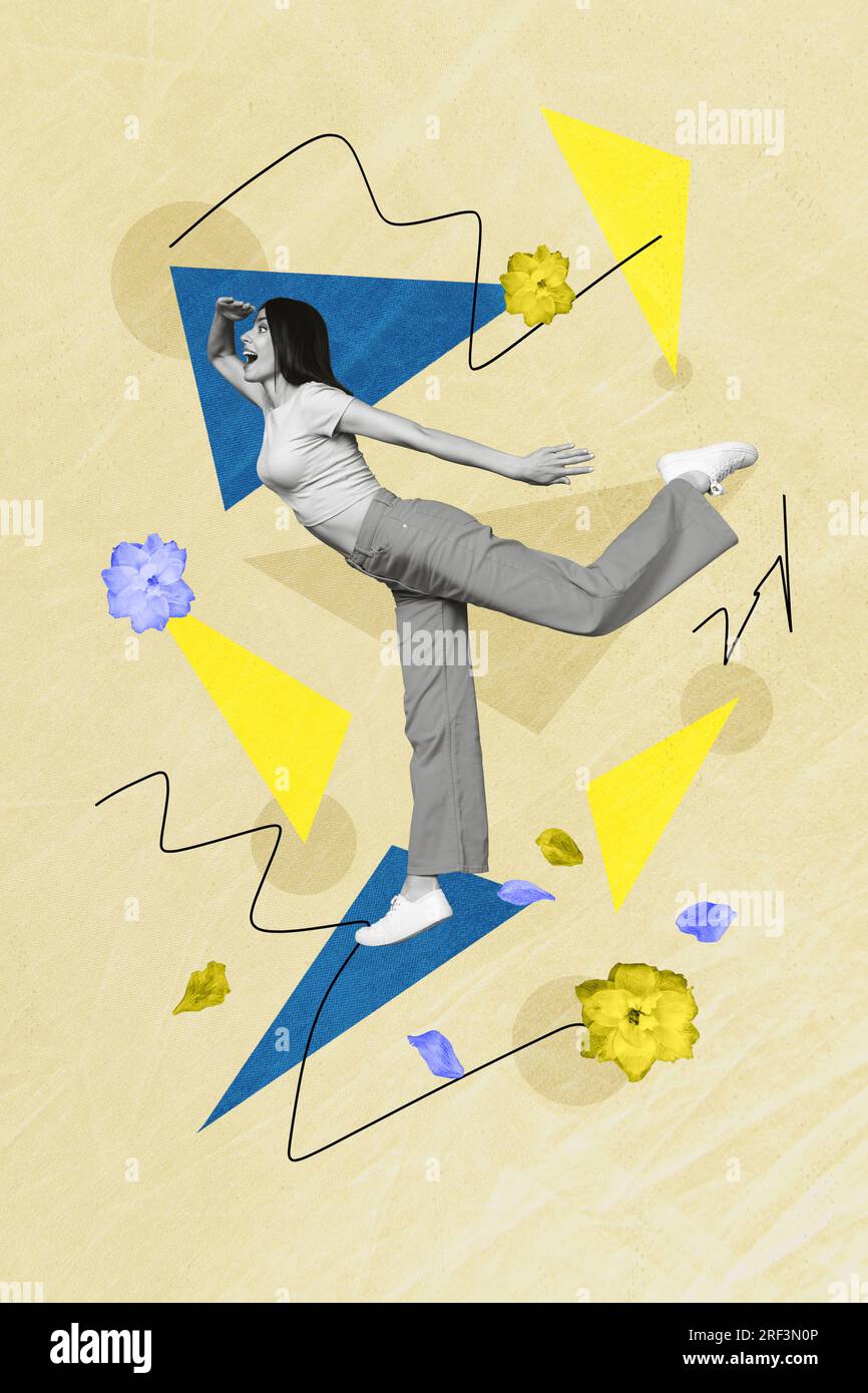 Composite collage of funky woman search looking far away adventures ...