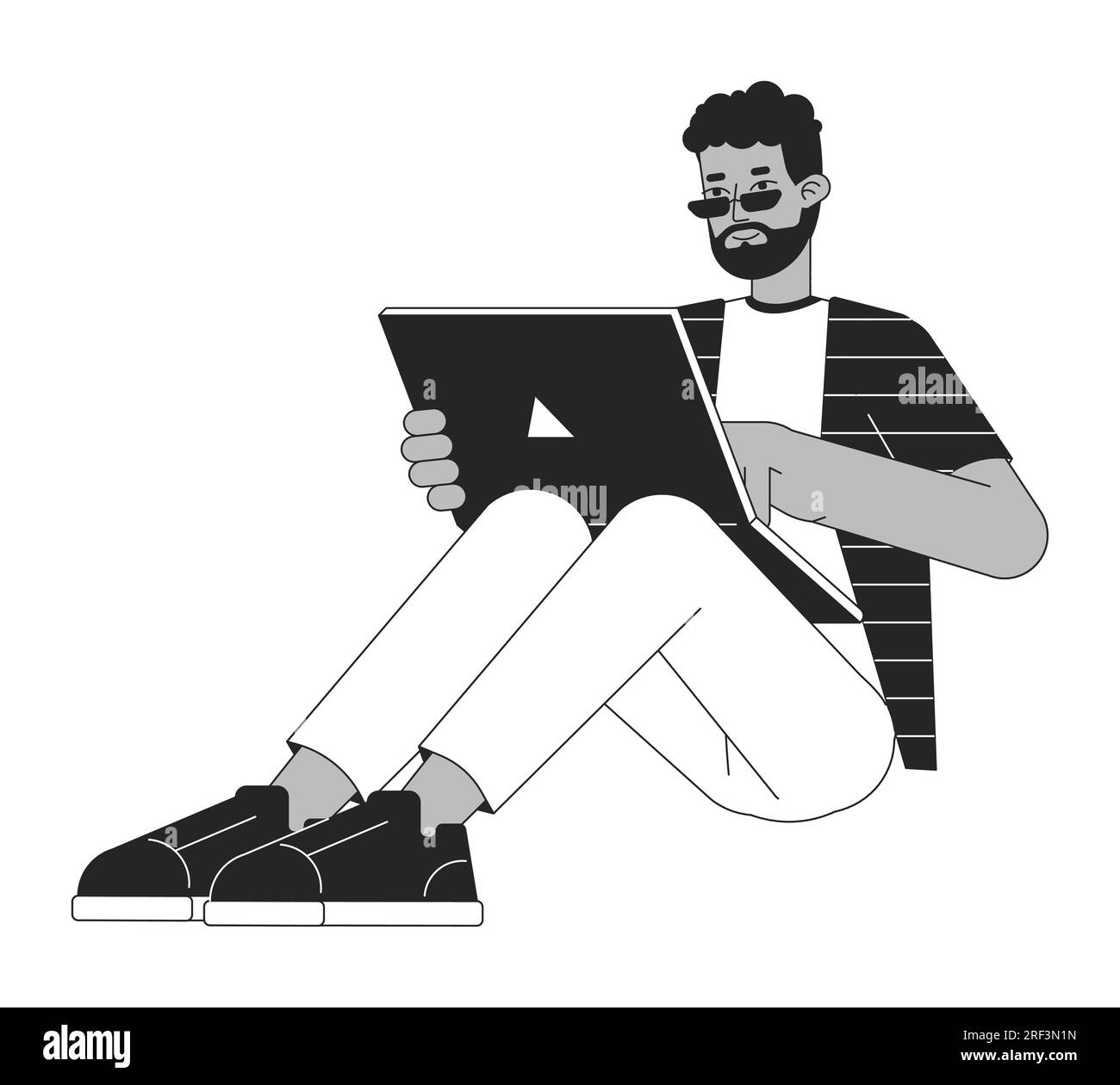 Happy young man sitting with laptop flat line black white vector ...