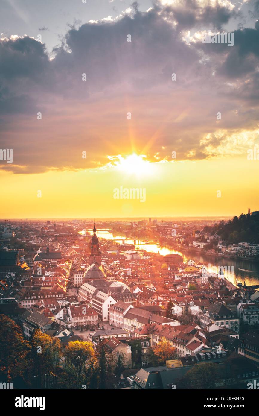 Nice view from and in nature over a city Heidelberg. In the evening ...