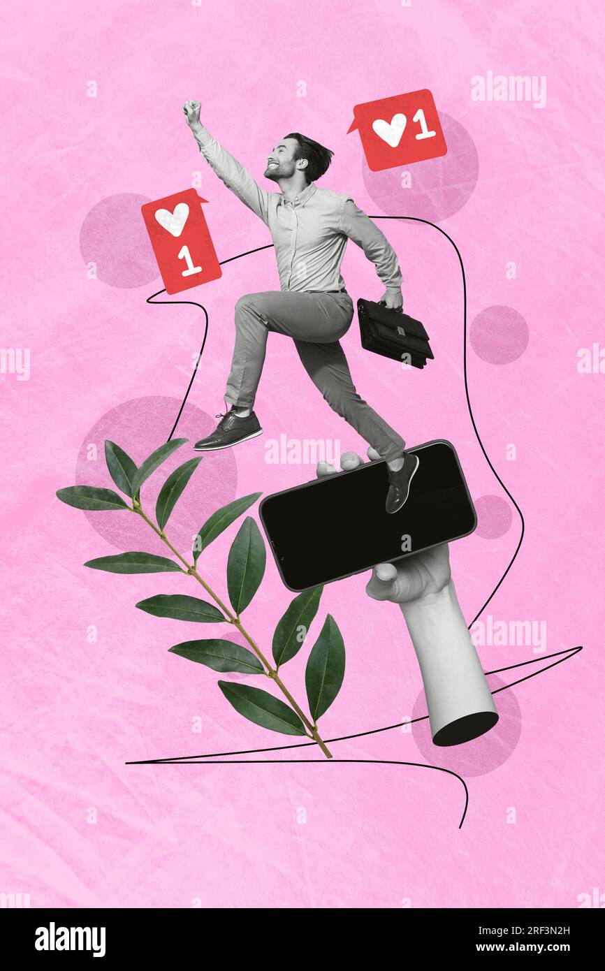 Famous influencer developer collage of young businessman raise fist up ...