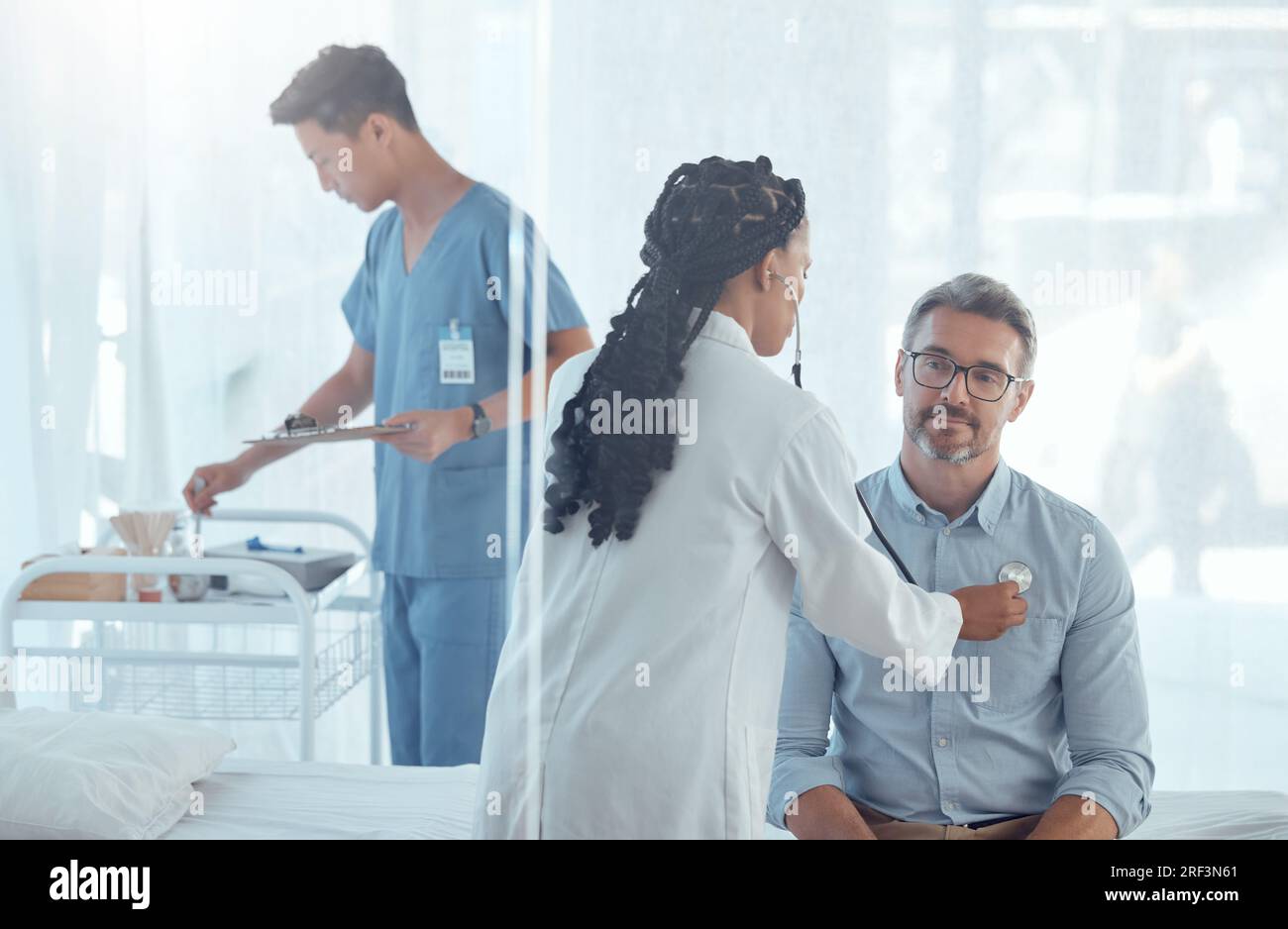 Doctor, stethoscope or hospital people with exam, test or healthcare ...