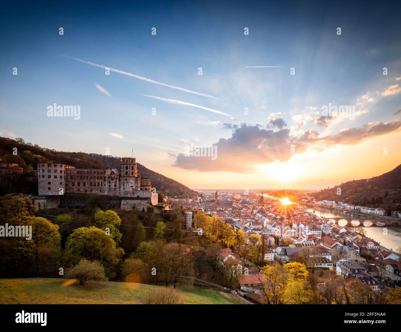 Nice view from and in nature over a city Heidelberg. In the evening ...