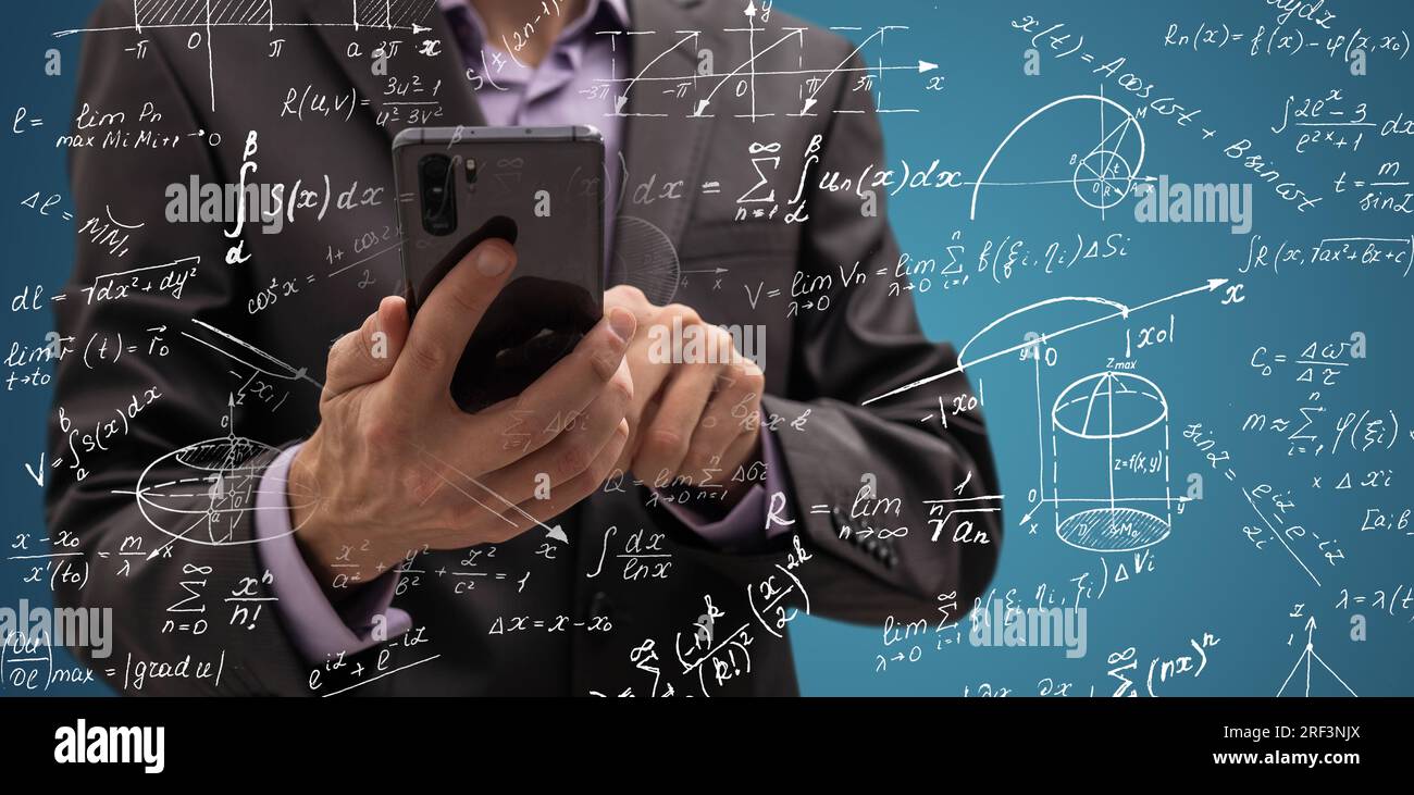 mathematicians concept. Handsome man thinking on blue background ...