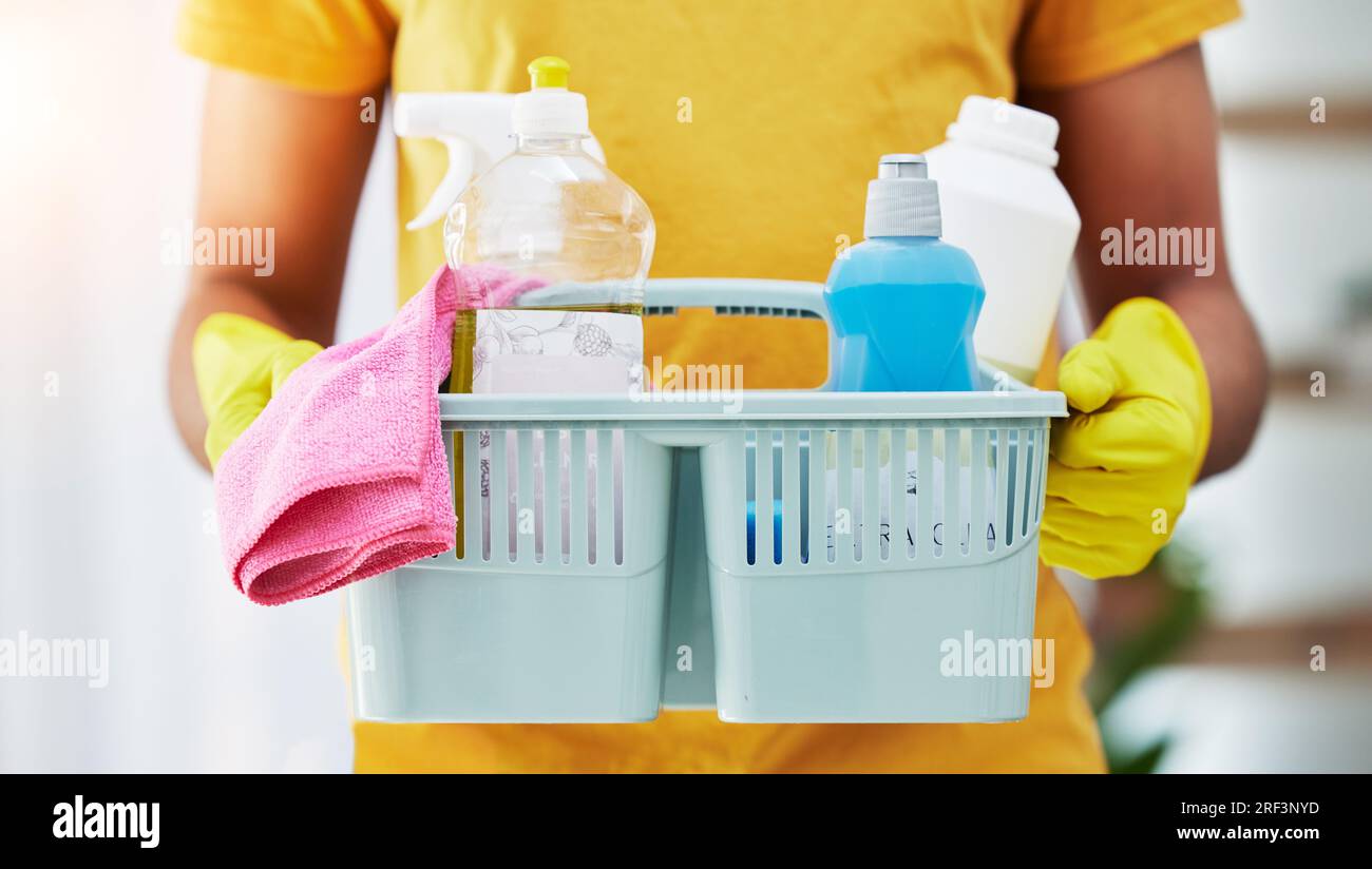 Equipment, basket and hands of cleaner in a home for hygiene, germ ...