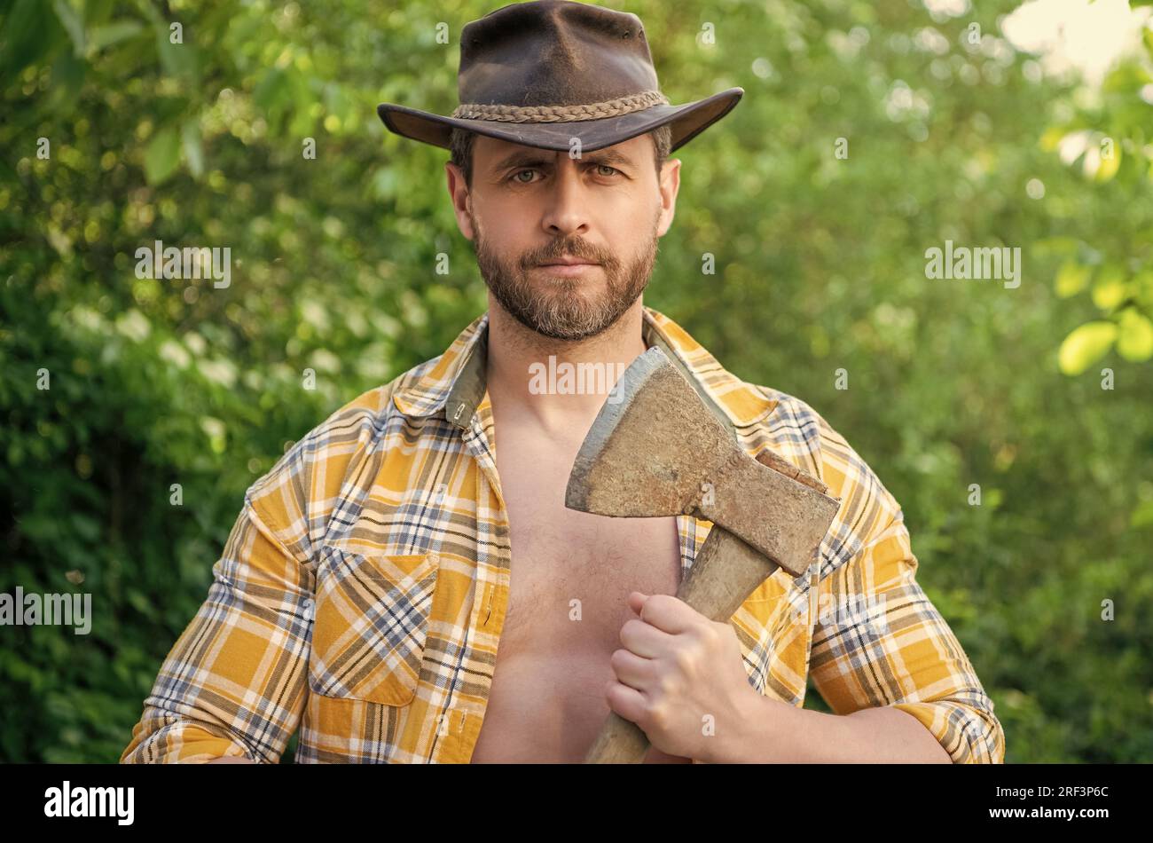 caucasian rancher with axe wearing checkered shirt. rancher with axe ...