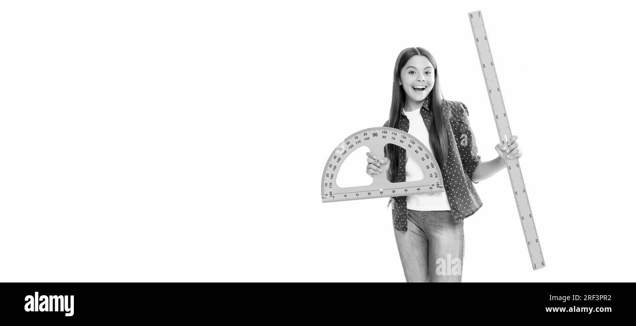 happy kid hold protractor ruler study geometry at school isolated on ...