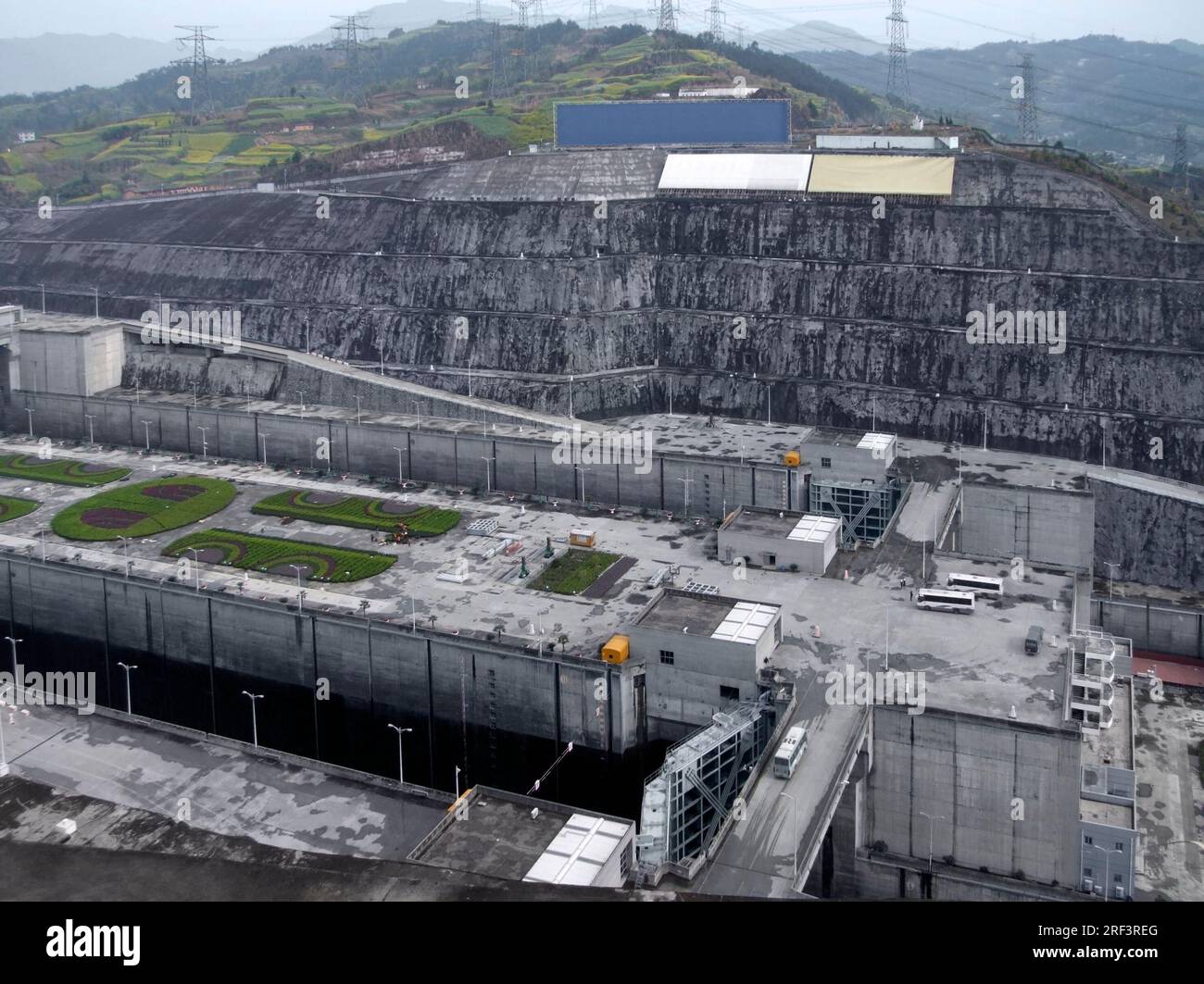 foggy aerial view of the Three Gorges Dam at Yangtze River in China ...