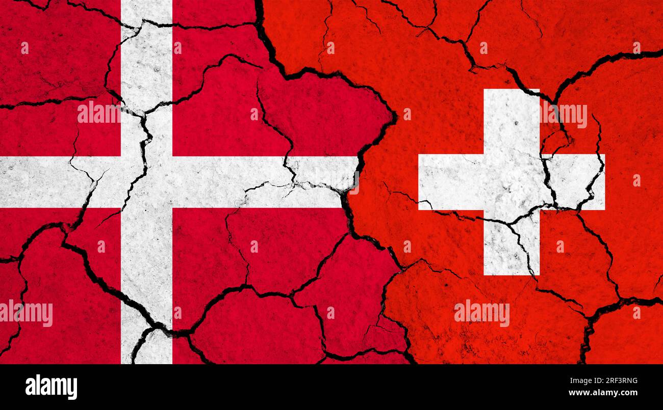 Flags of Denmark and Switzerland on cracked surface - politics ...