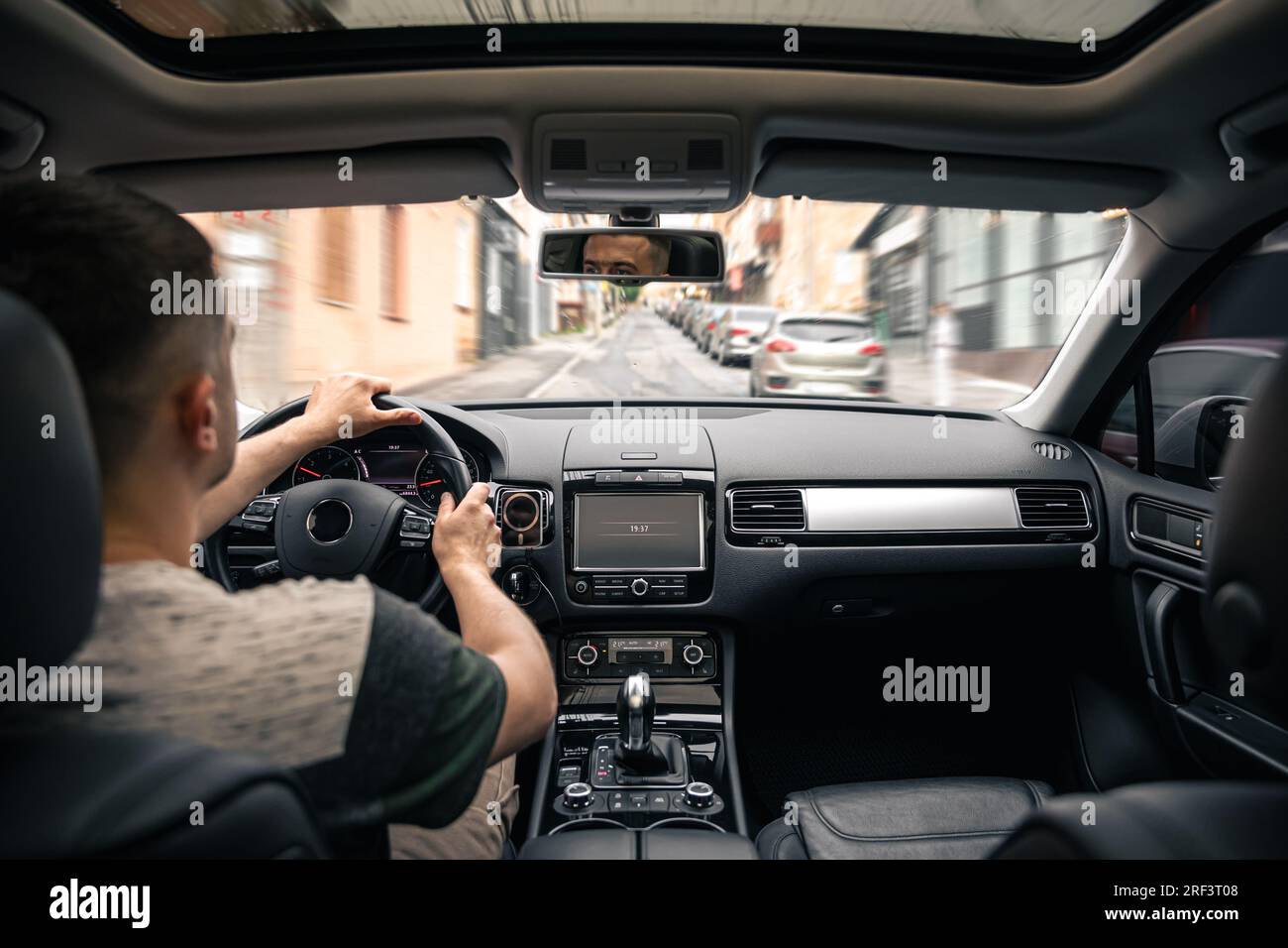 Hands on the wheel when driving at high speed from inside the car Stock ...
