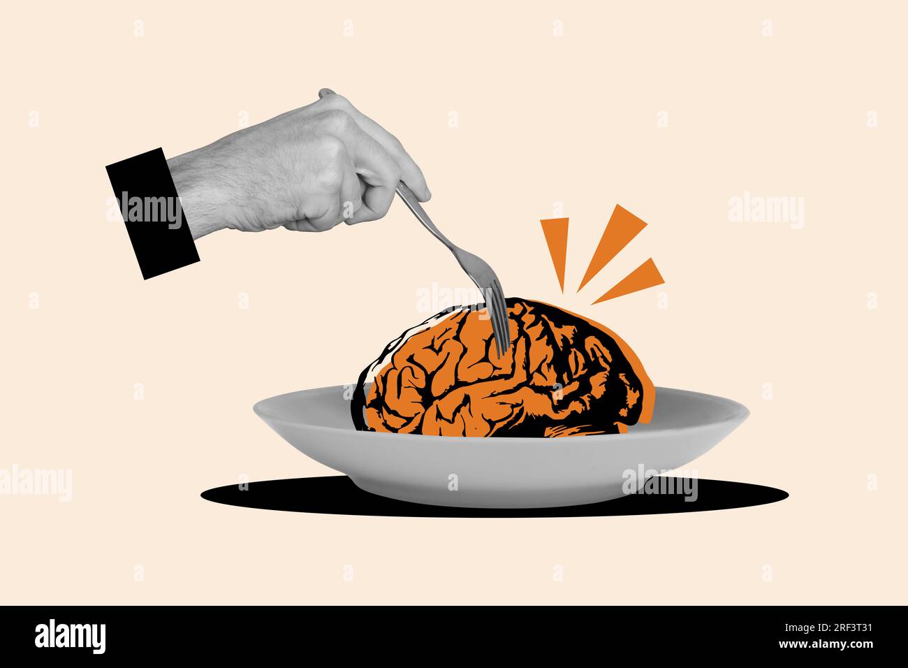 Composite collage picture of black white colors human arm hold fork eat ...