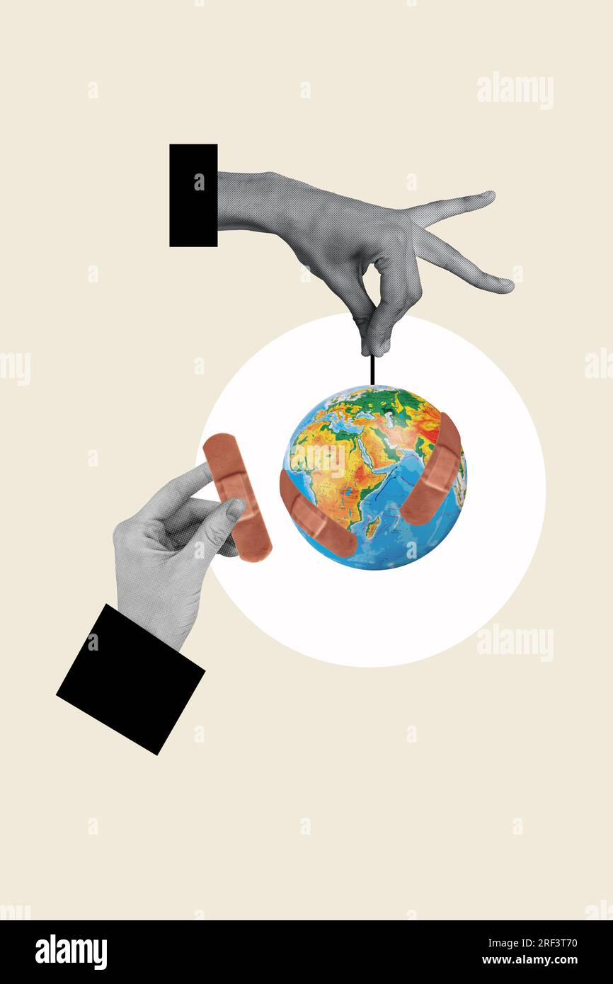 Vertical collage picture of black white colors arm fingers hold mini ...