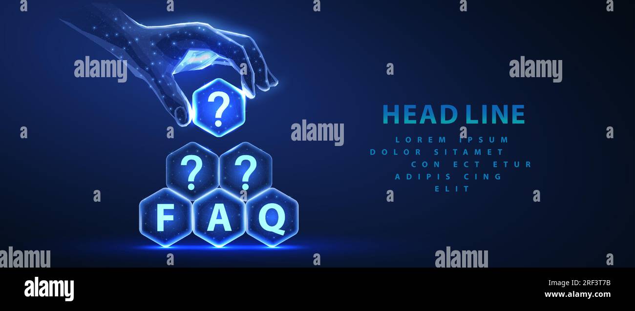 FAQ letters and question marks on hexagons made a pyramid and hand hold the top element. Digital ...