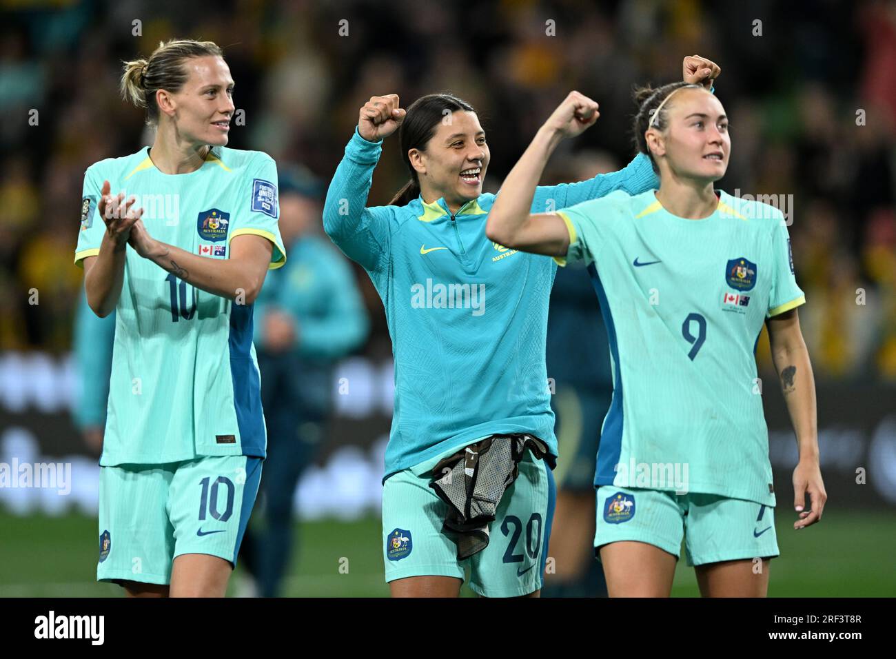Melbourne, Australia. 31st July, 2023. (L-R) Emily van Egmond, Sam Kerr and Caitlin Foord of the ...