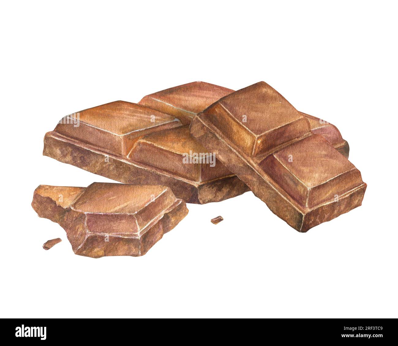Watercolor illustration of a piece of milk or dark chocolate bar. Hand ...