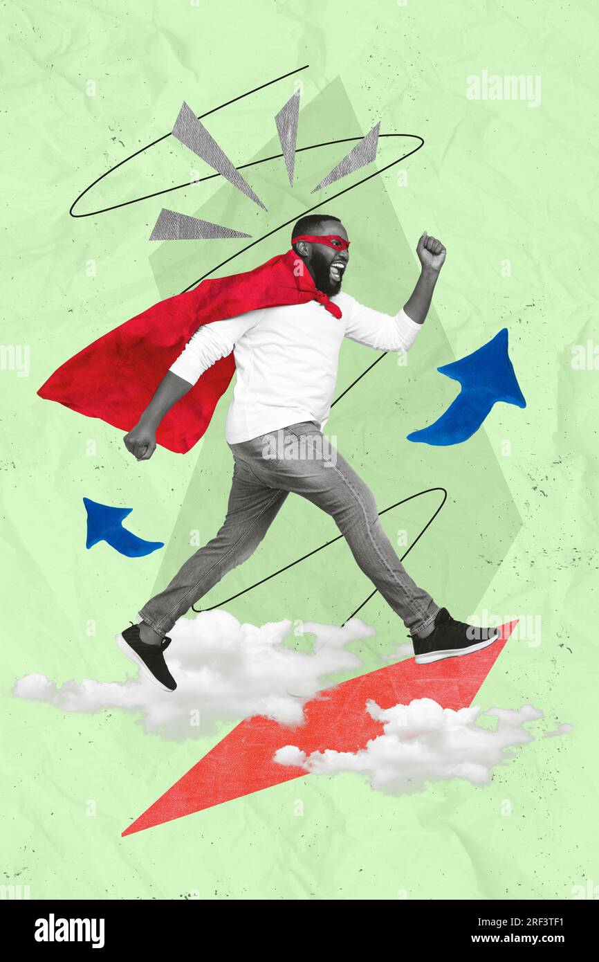 Creative artwork template collage of excited funky superman running ...
