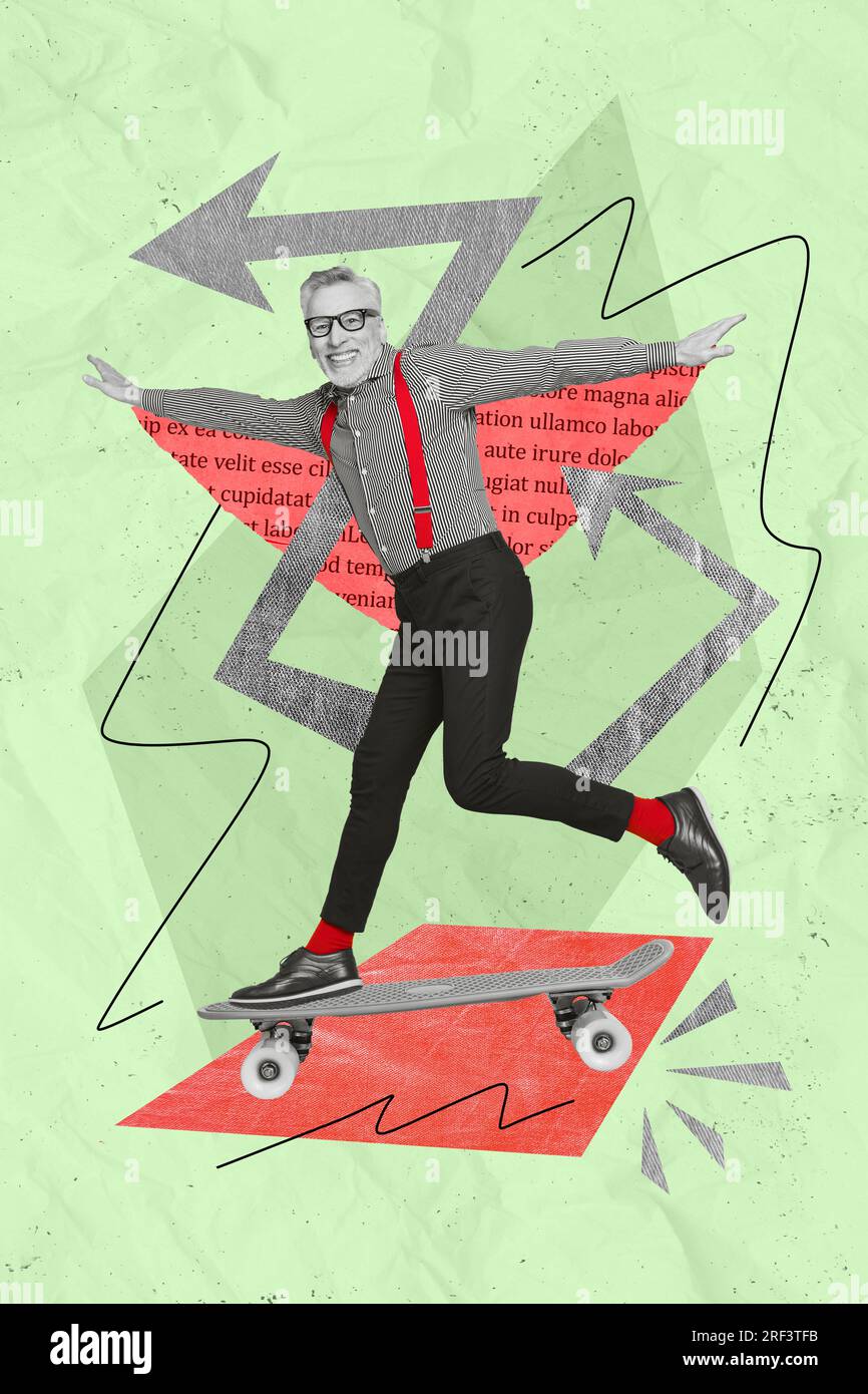 Artwork collage picture of carefree funky businessman riding penny ...