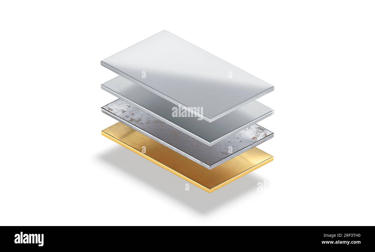 Blank gold and chrome metal material layers mockup, 3d rendering. Empty metallic and golden ...