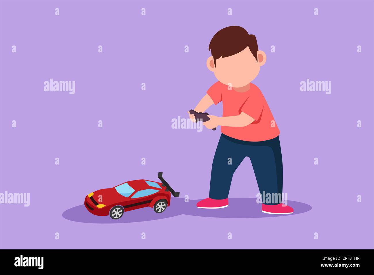Cartoon flat style drawing happy little boy playing with remote ...