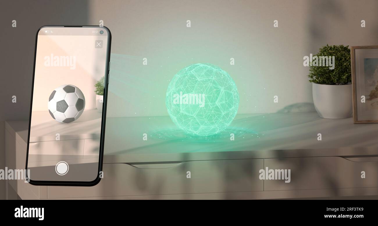Projection soccer ball hologram on table phone display augmented ...
