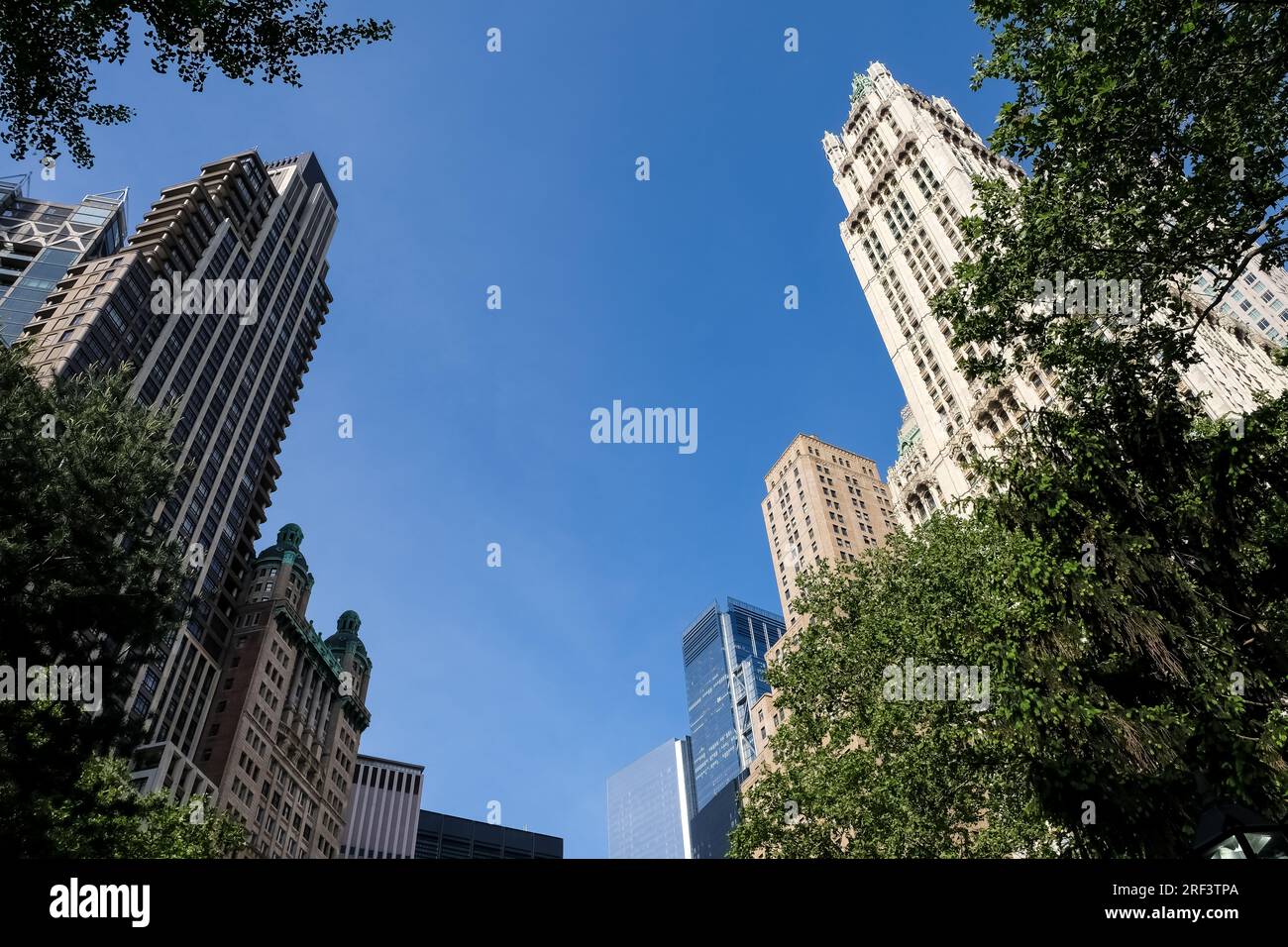 View of Lower Manhattan from the City Hall Park located in the Civic ...