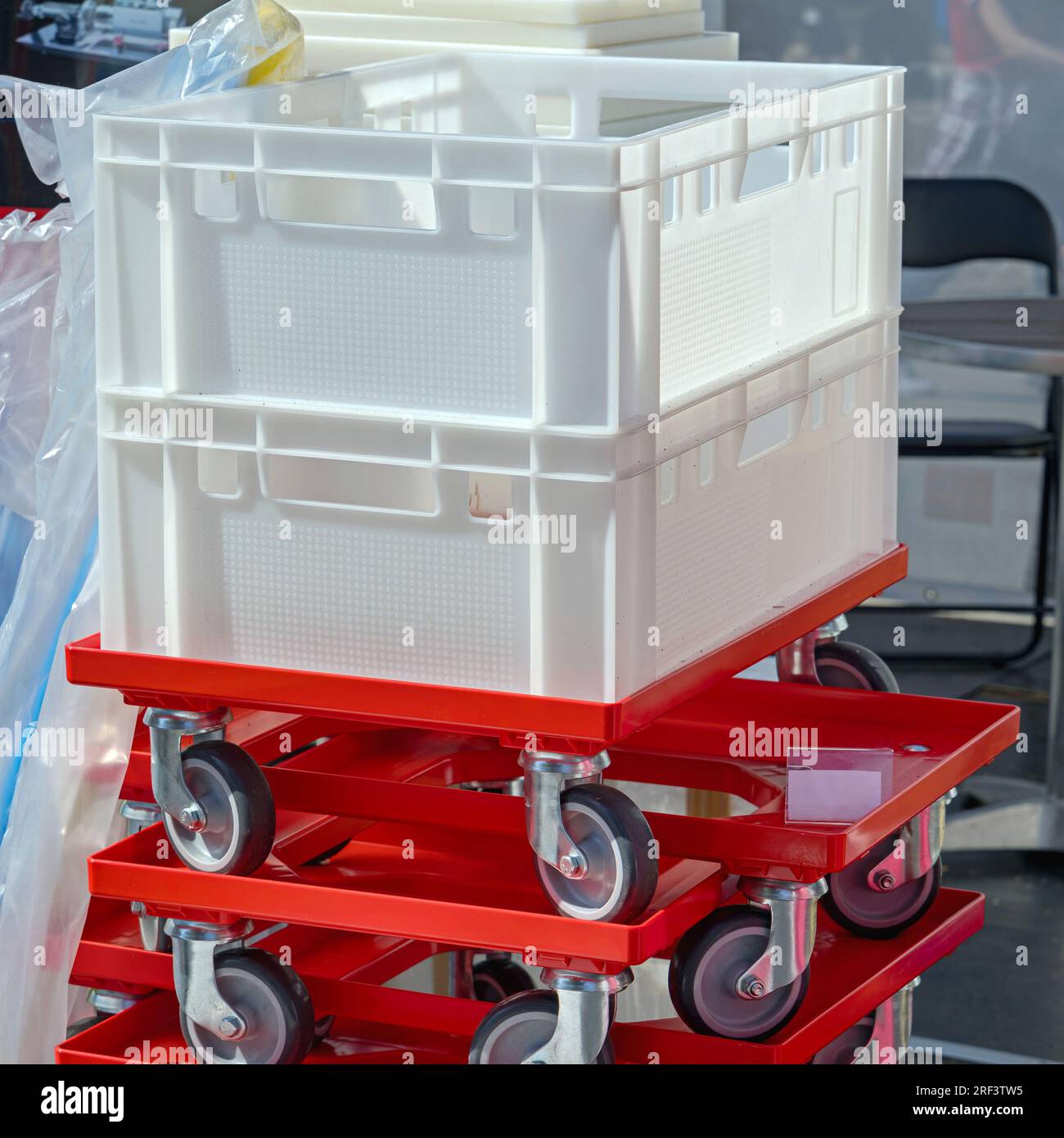 Stack of White Plastic Crates at Skid Wheels Cart Transportation Stock ...