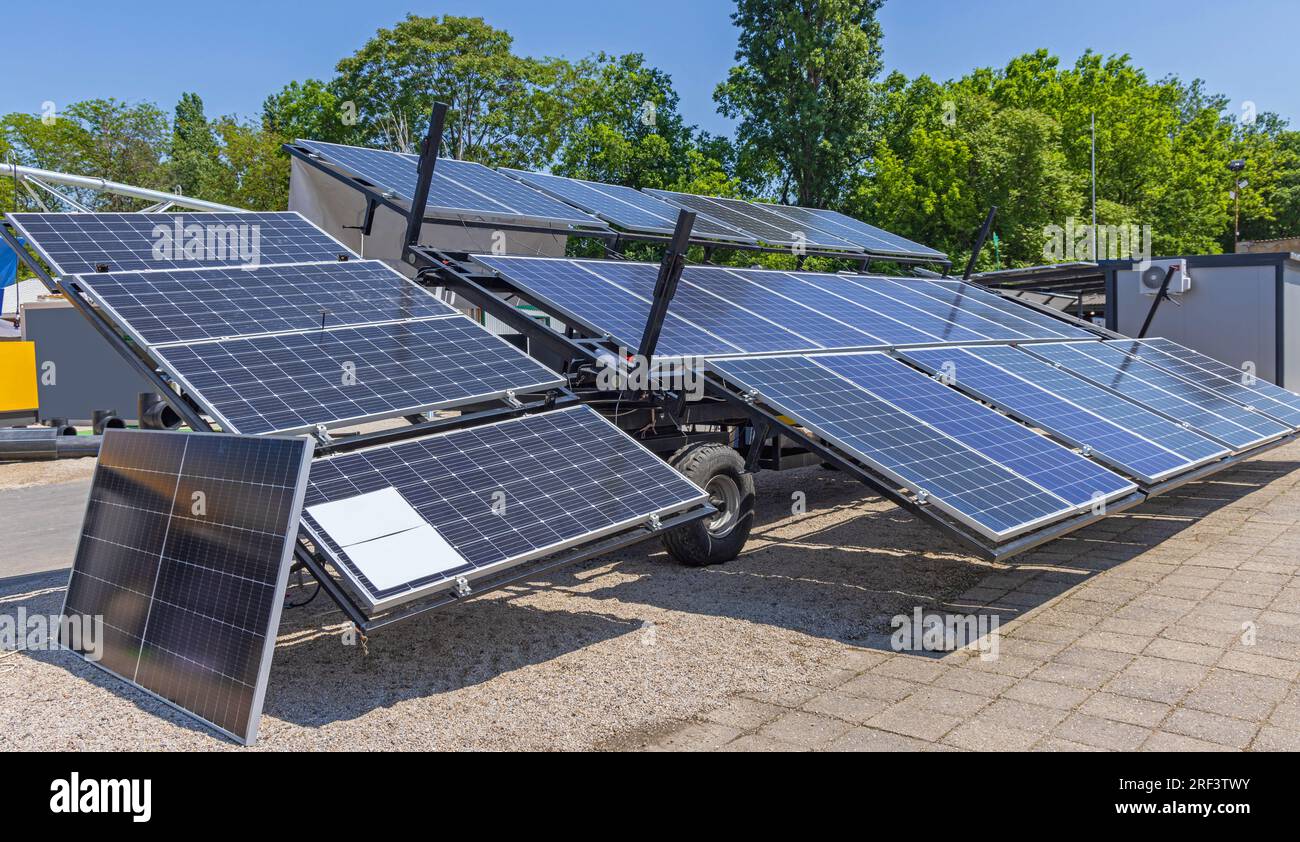 Array of Solar Panel Unit at Large Trailer Mobile Power Stock Photo - Alamy