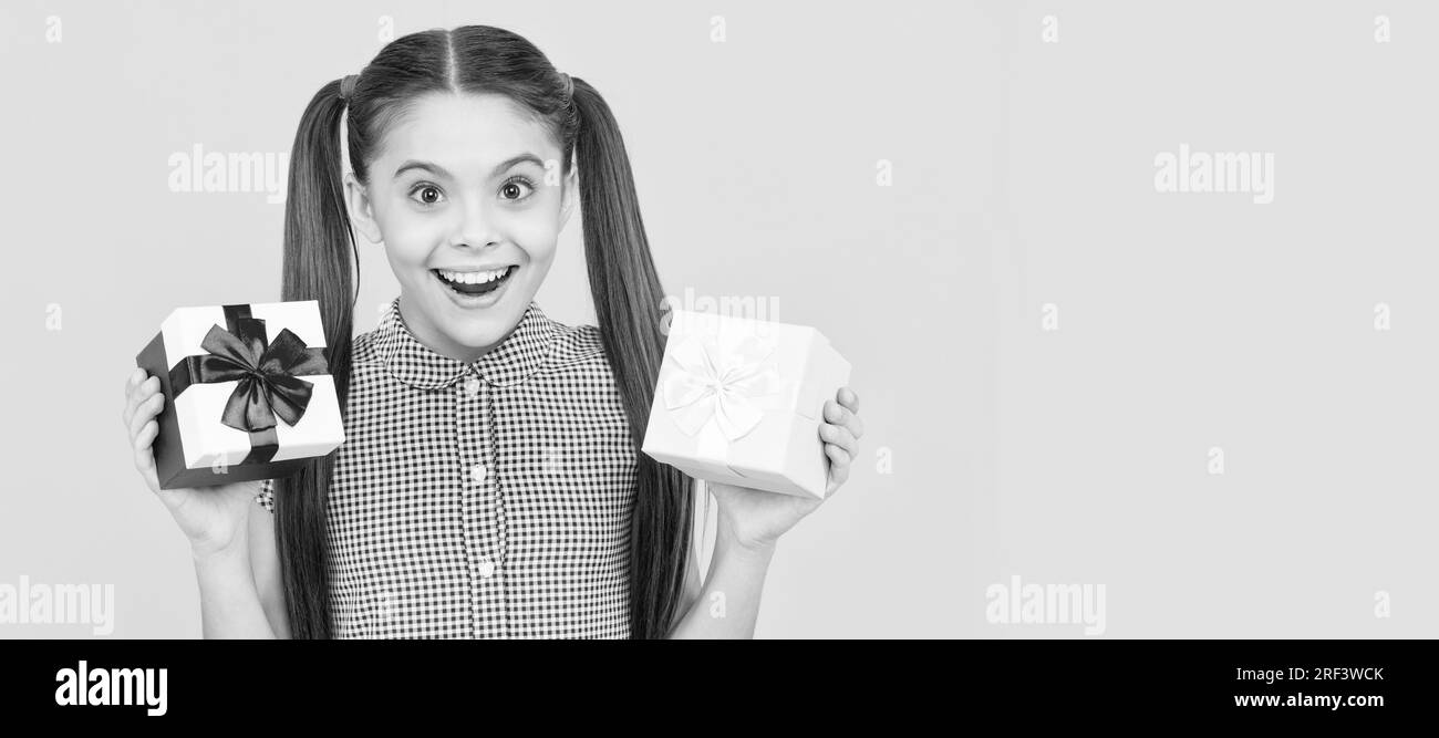 surprised kid girl hold present box for birthday, surprise. Kid girl ...