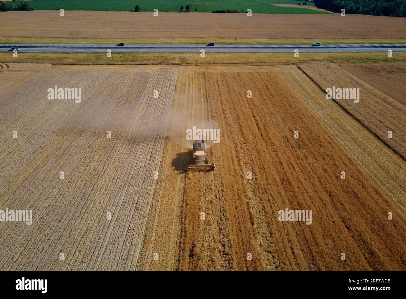 Harvesting machine working at agricultural field. Combine harvester ...