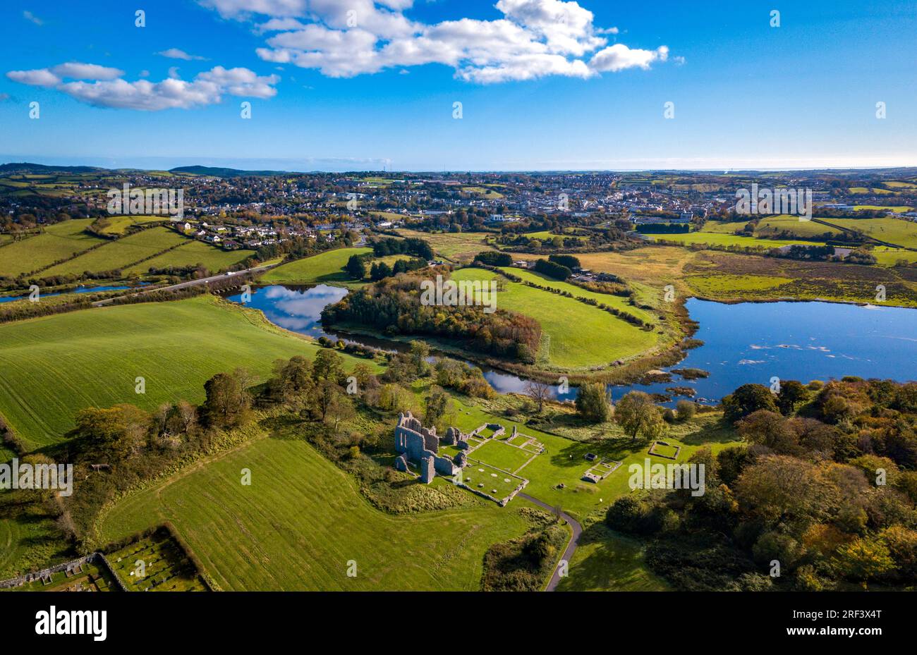 Aerial of Inch Abbey, River Quoile, Downpatrick, County Down, Northern ...