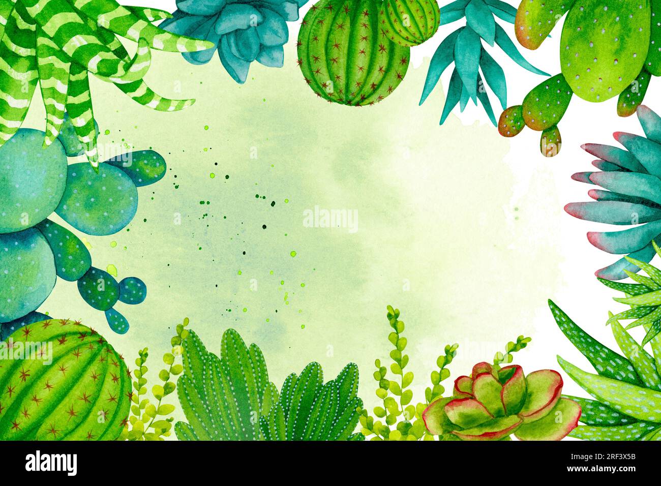 Rectangular frame of cacti and succulents on a watercolor background ...