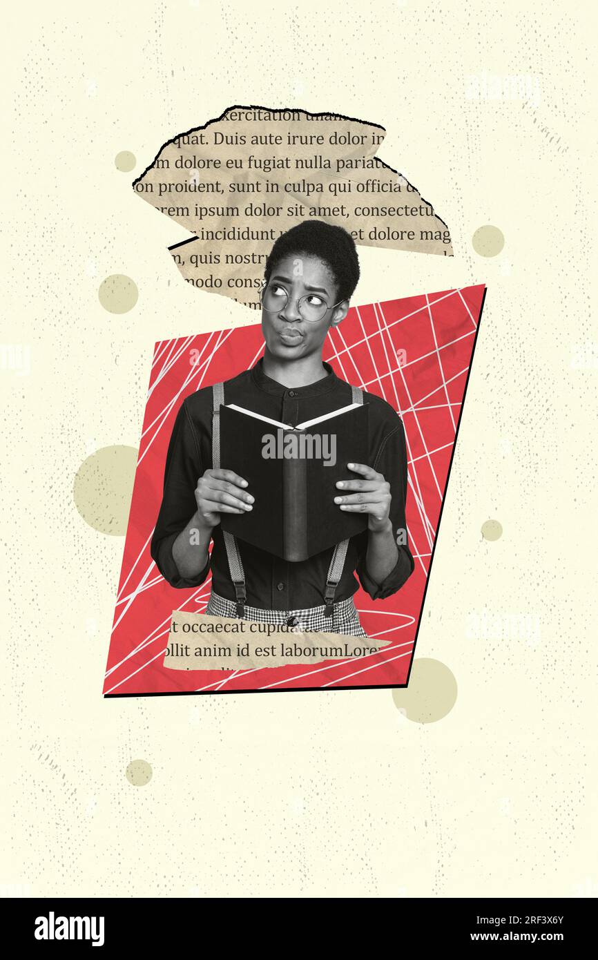 Vertical collage image of black white effect minded person hold read ...