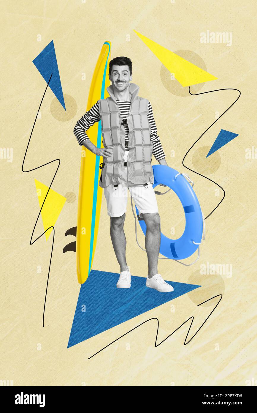 Vertical collage image of black white effect cheerful guy safety vest ...