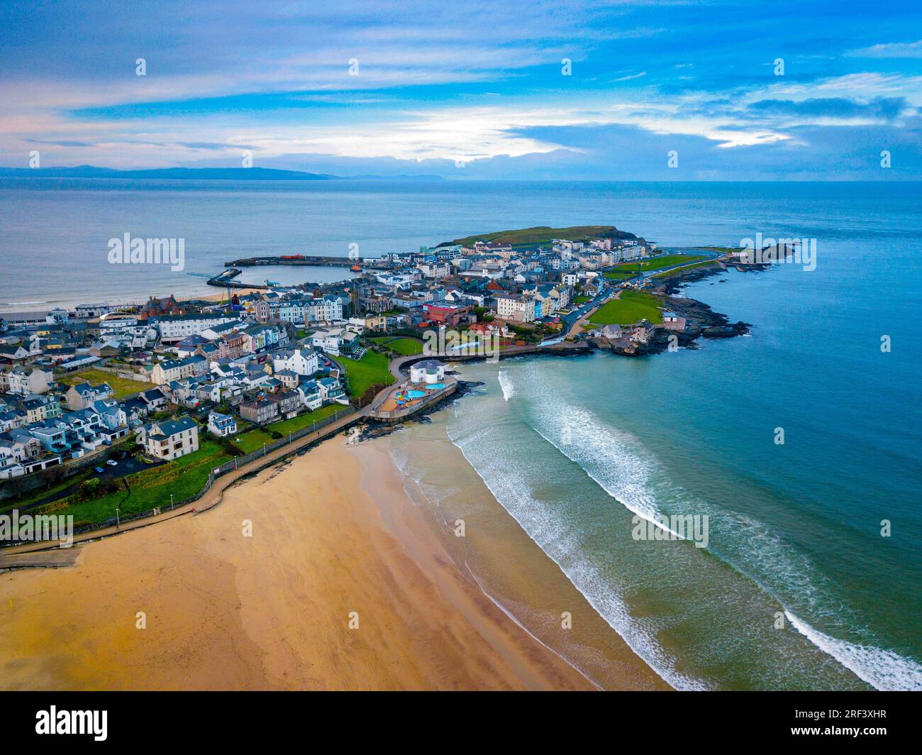 Aerial of Portrush and West Strand, County Antrim, Northern Ireland ...