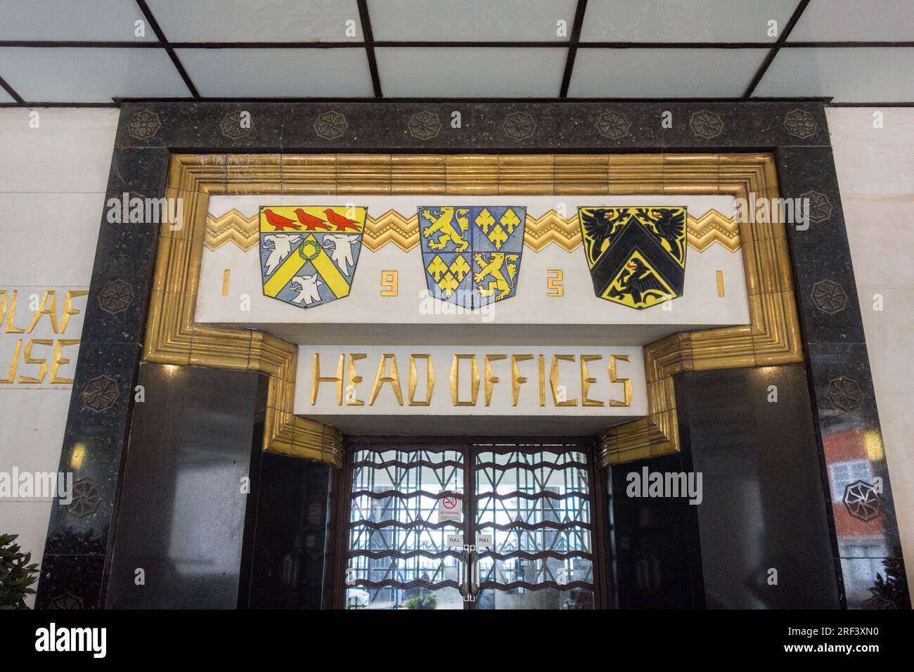 Head Office signage and Heraldic Coats of Arms on th Art Deco St Olaf ...